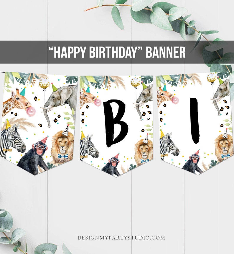 Happy Birthday Banner Party Animals Safari Animals Wild One Birthday ...