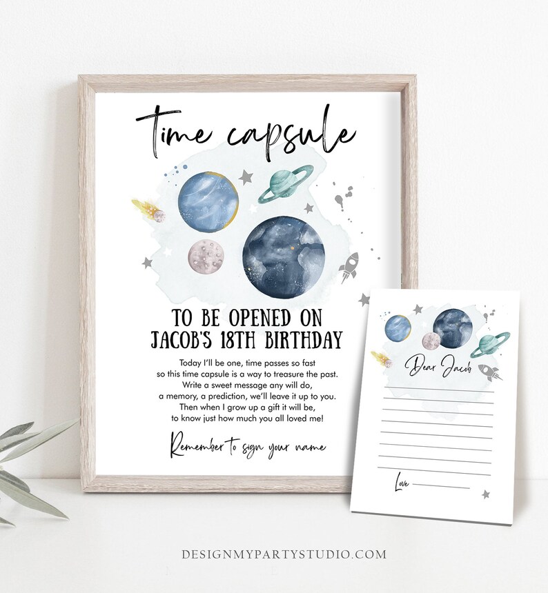 Editable Outer Space Time Capsule First Birthday Party Astronaut Silver ...