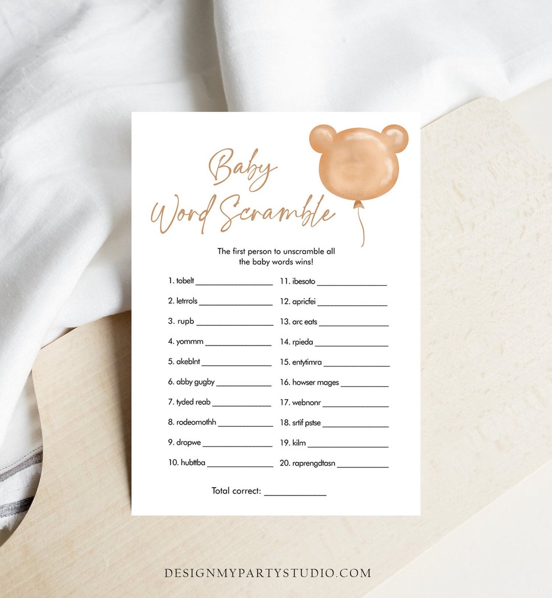 Editable Word Scramble Baby Shower Game Modern Bear Cute Teddy Bear ...