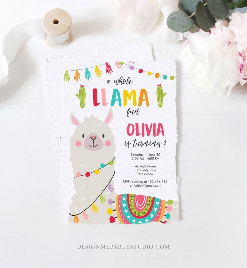Editable Whole Llama Fun Birthday Invitation Fiesta Mexican Cactus ...