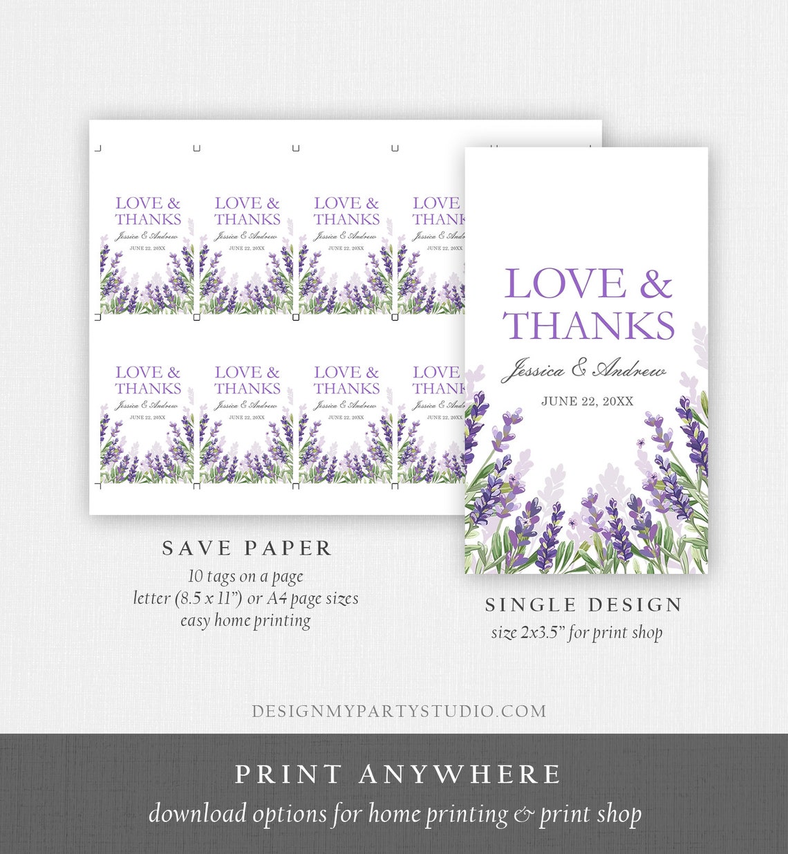 Editable Lavender Favor Tag Thank You Love and Thanks Wedding Bridal ...