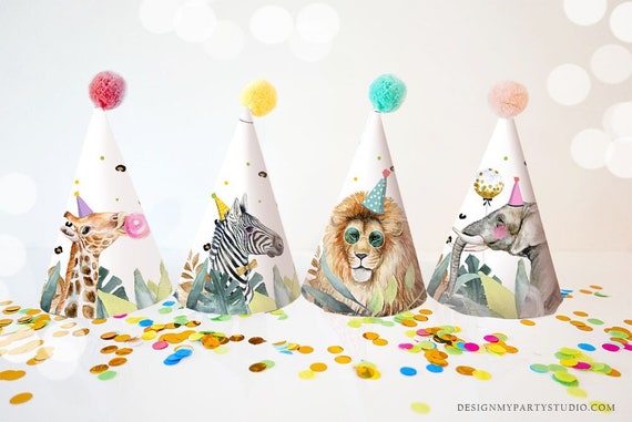 Zoo Animals Wearing Birthday Hats 70+ Safari Party Hats Stock Photos,