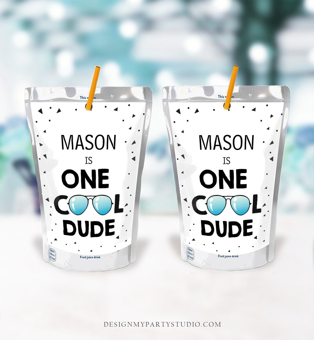 Editable One Cool Dude Juice Pouch Label Juice Favor Boy First Birthday ...