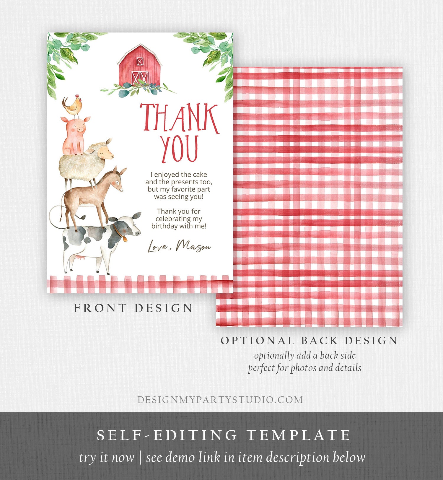 Editable Farm Animals Thank You Card Red Gingham Farm Birthday - Etsy