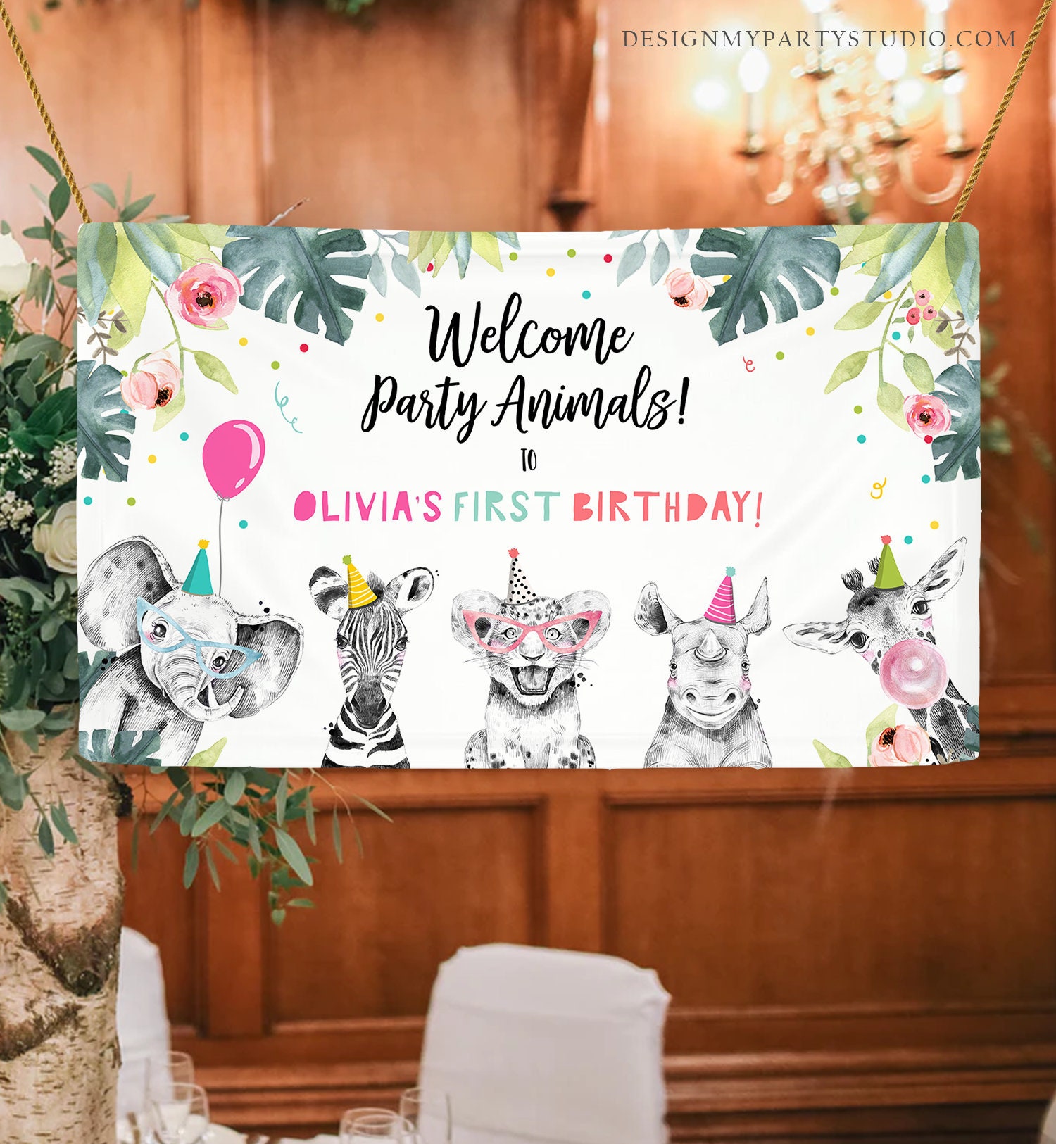 Editable Party Animals Birthday Backdrop Banner Welcome Safari Animals ...