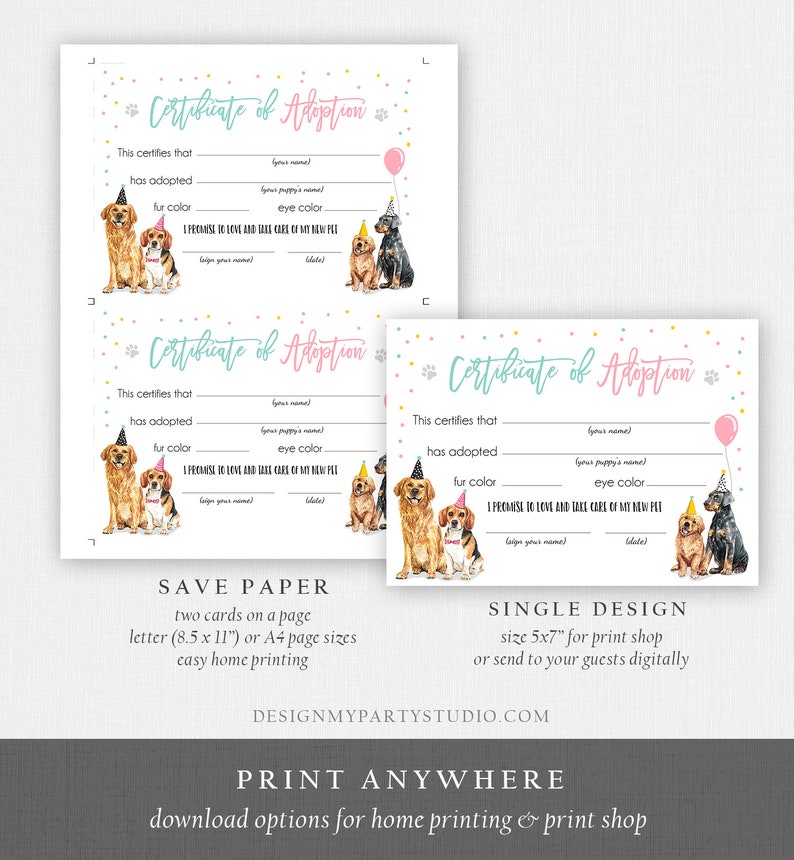 Pet Adoption Certificate Puppy Adoption Dog Birthday Party - Etsy