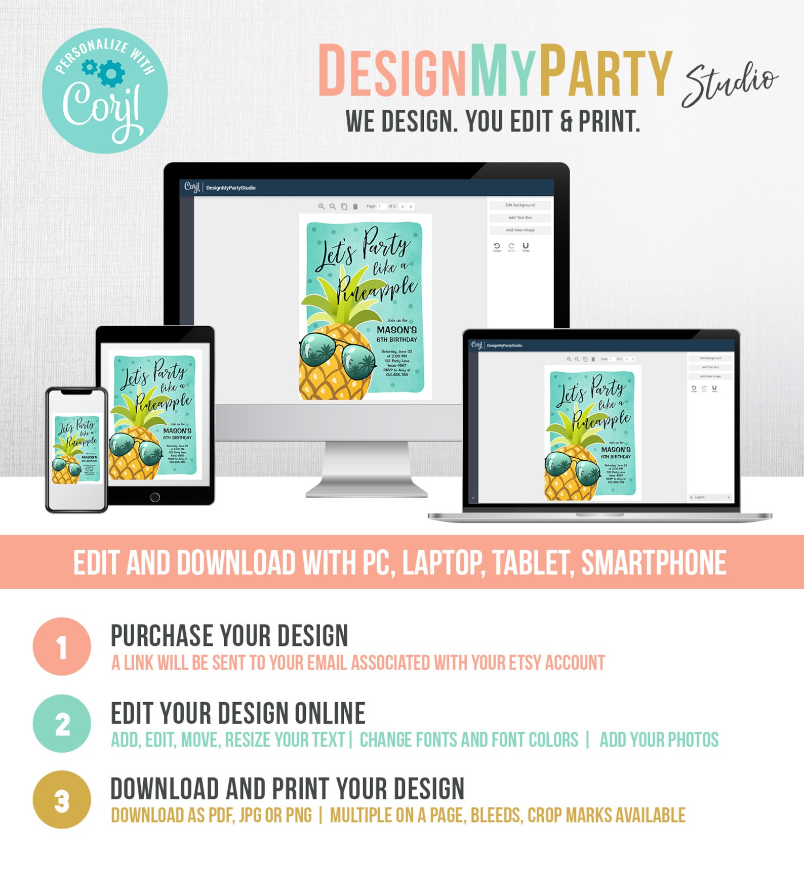 Editable Pineapple Birthday Invitation Lets Party Like a | Etsy