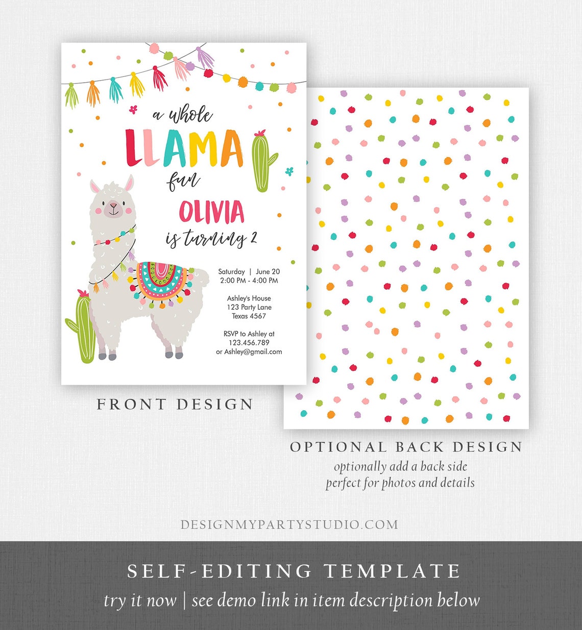Editable Whole Llama Fun Birthday Invitation Fiesta Mexican Cactus ...