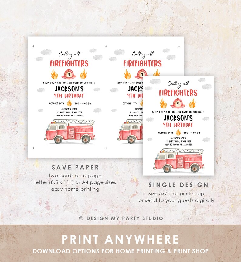 Editable Calling All Firefighters Birthday Invitation Firetruck Fire ...