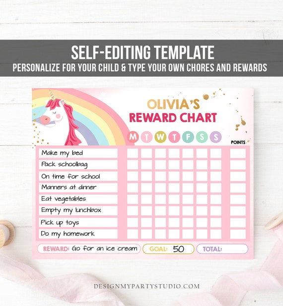 Editable Unicorn Reward Chart for Girls Unicorn Chore Chart for Kids ...