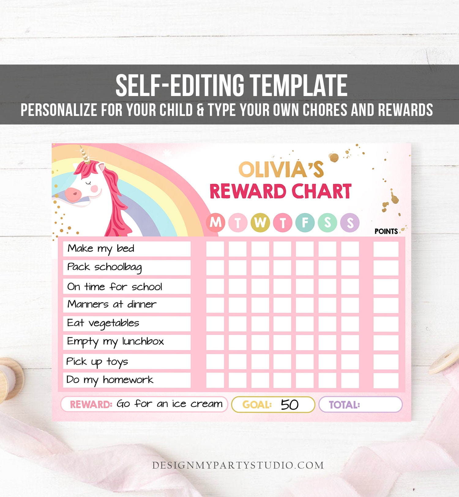 Editable Unicorn Reward Chart for Girls Unicorn Chore Chart - Etsy