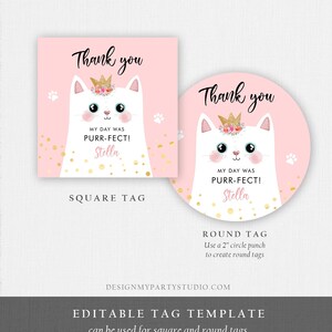 Editable Kitten Party Favor Tags Kitty Birthday Thank You Tags Round ...