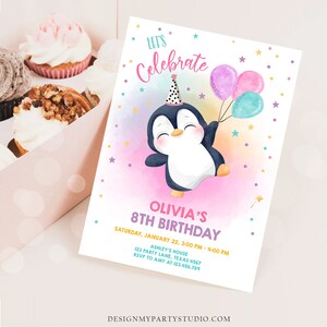Editable Penguin Birthday Invitation Winter Party Arctic Animals Girl ...