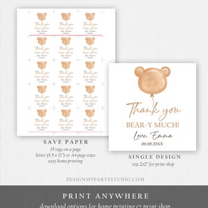 Editable Boho Teddy Bear Favor Tags Thank You Beary Much Round Sticker ...