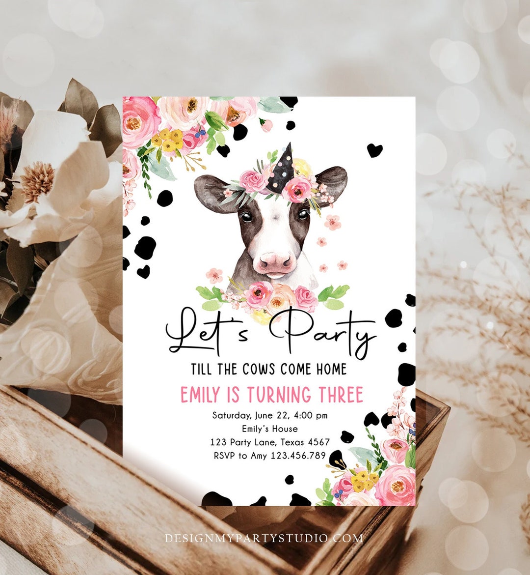 Editable Cow Birthday Invitation Girl Farm Animals Let's Party Till the ...