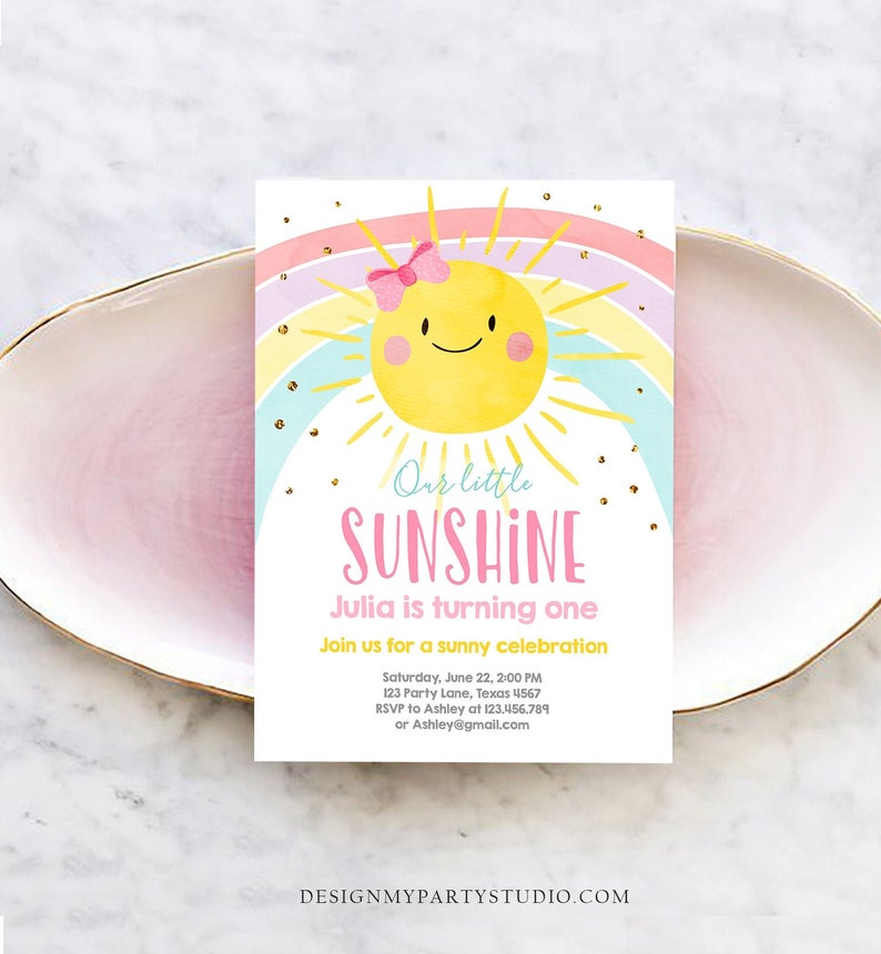 Editable Sunshine and Rainbow Birthday Invitation Pastel - Etsy