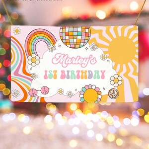 Editable Retro Doodle Birthday Backdrop Two Groovy Girl Retro Groovy ...