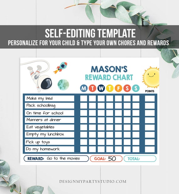 Editable Space Astronaut Reward Chart for Boys Space Rocket Shuttle ...