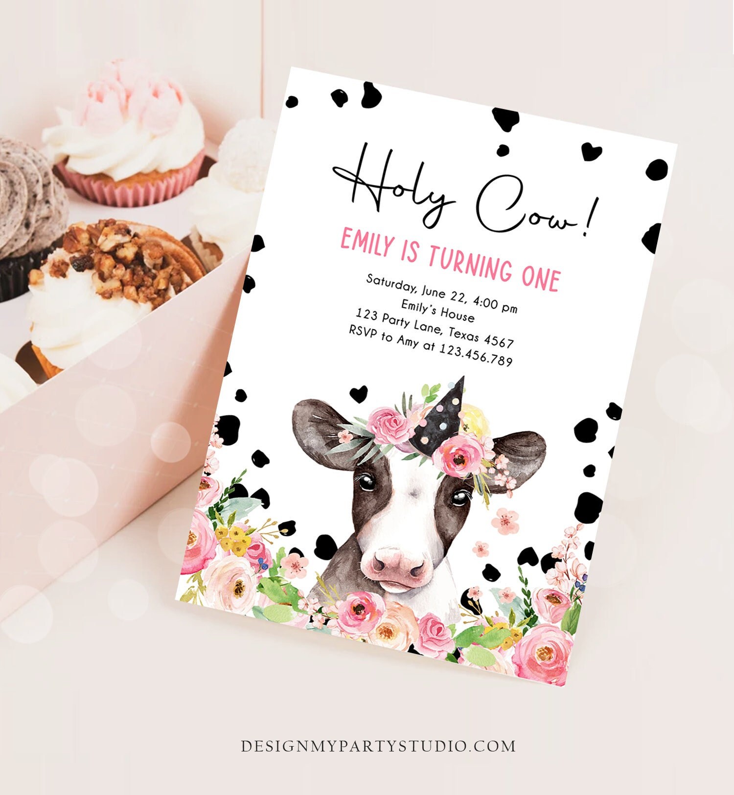 Editable Cow Birthday Invitation Girl Farm Animals Pink Floral - Etsy