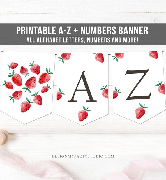 Strawberry Alphabet Banner Letters A to Z Numbers Strawberry Birthday ...
