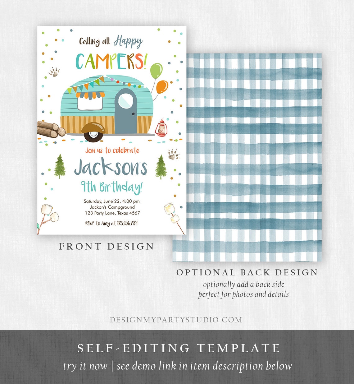 Editable Happy Camper Birthday Invitation Boy Birthday Camping Party S ...