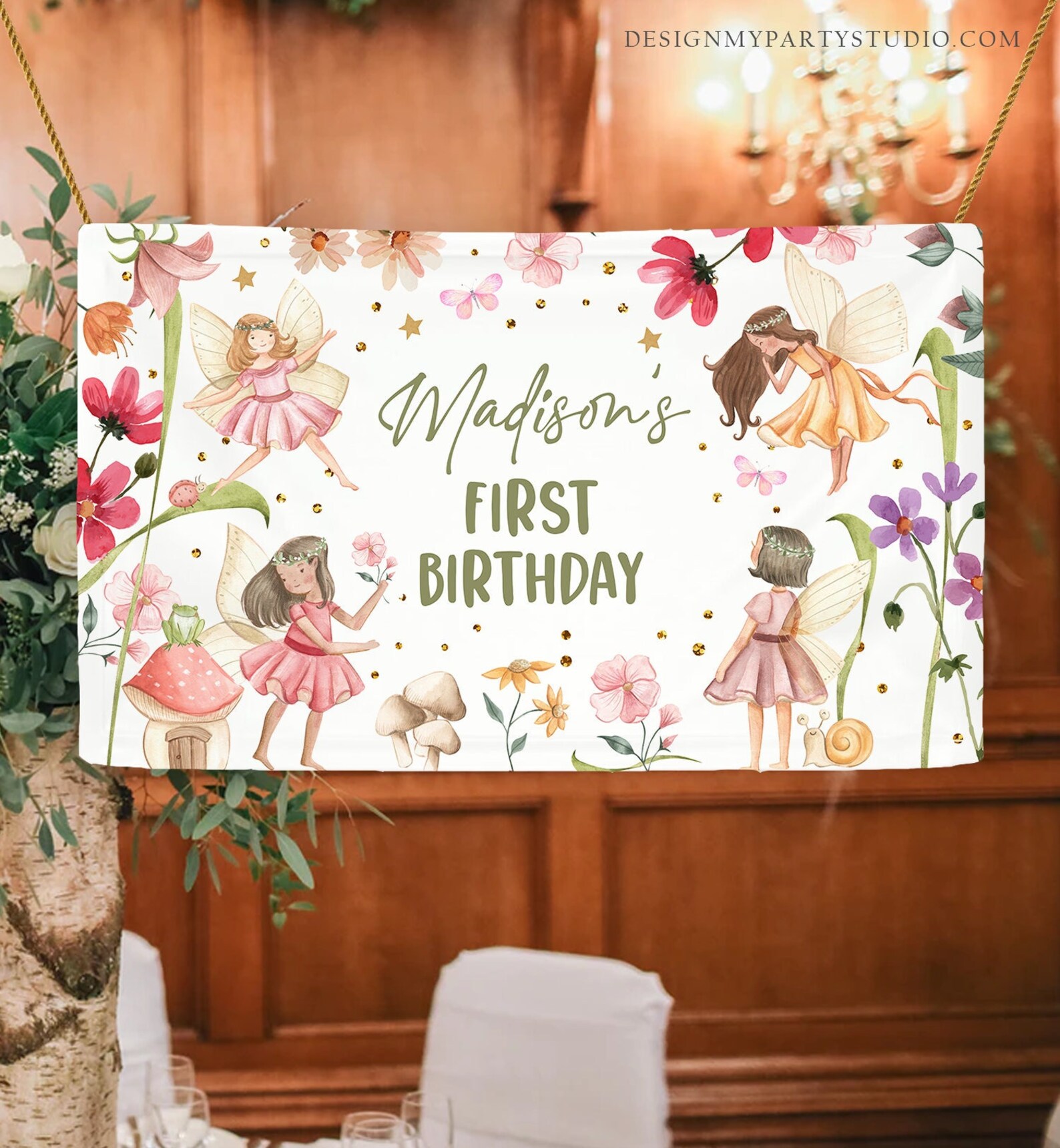 Editable Fairy Birthday Backdrop Fairy First Birthday Girl Pink Fairy ...