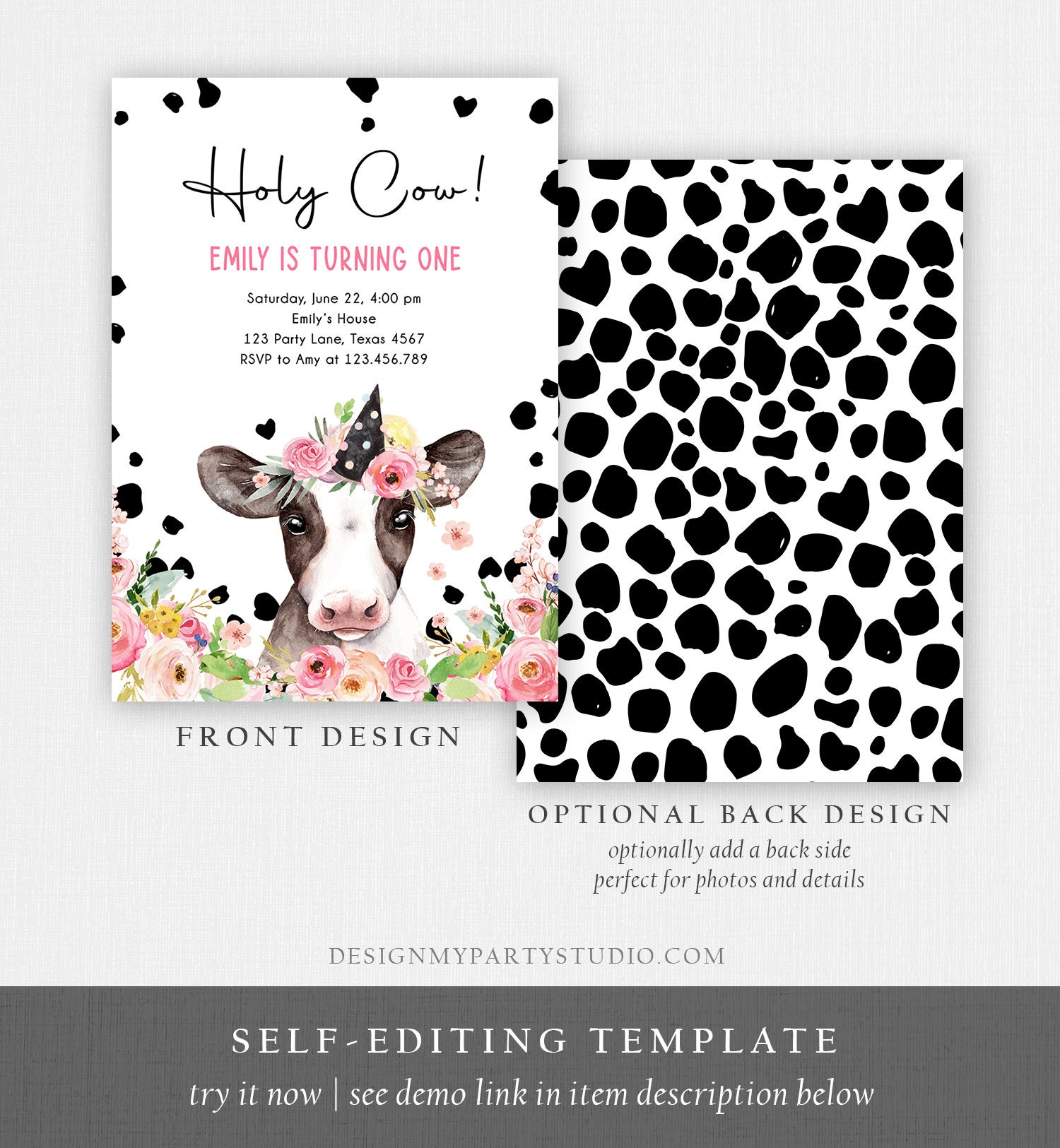 Editable Cow Birthday Invitation Girl Farm Animals Pink Floral - Etsy