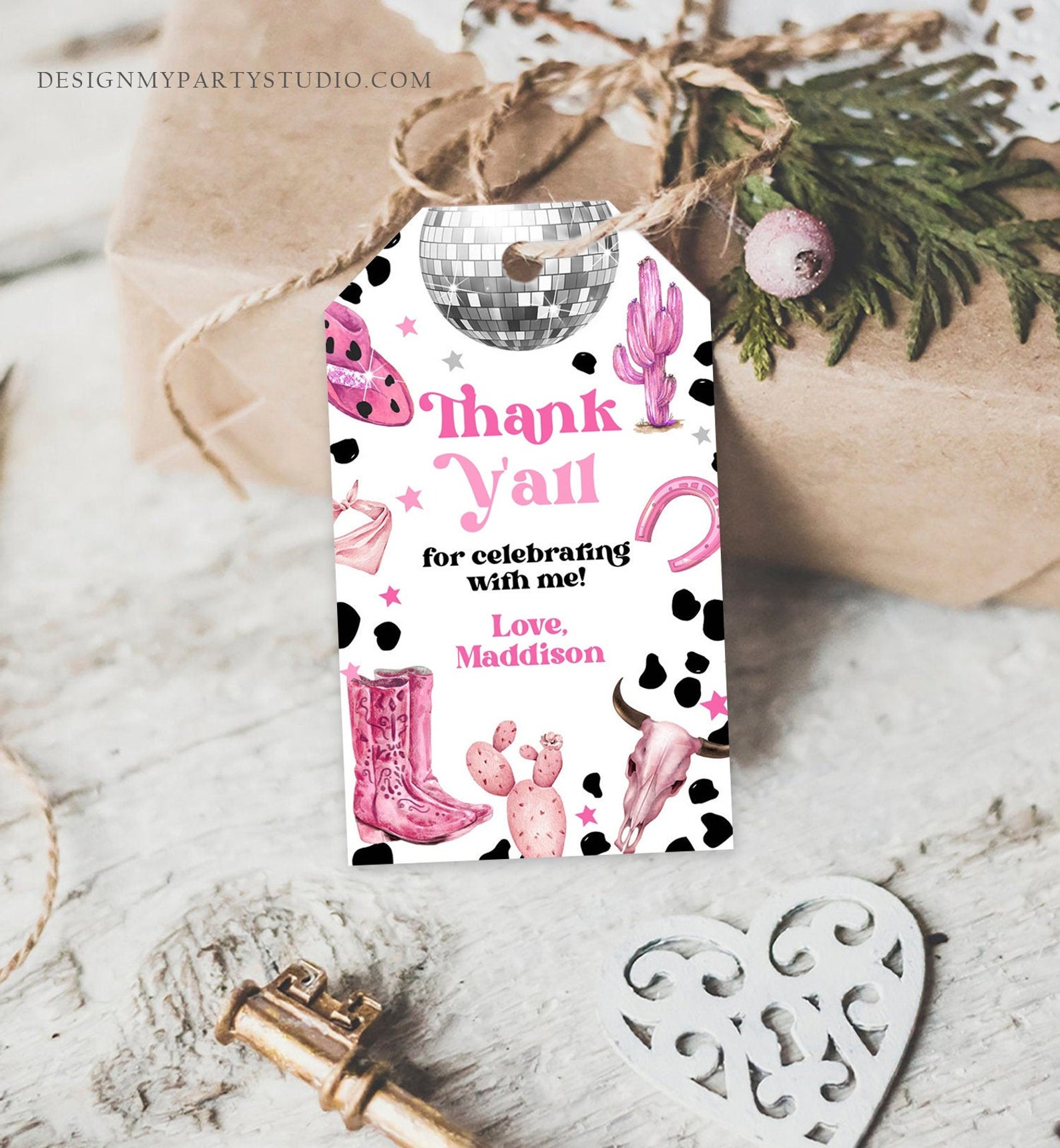Editable Disco Cowgirl Birthday Favor Tag Nashville Party Gift Tag Pink ...