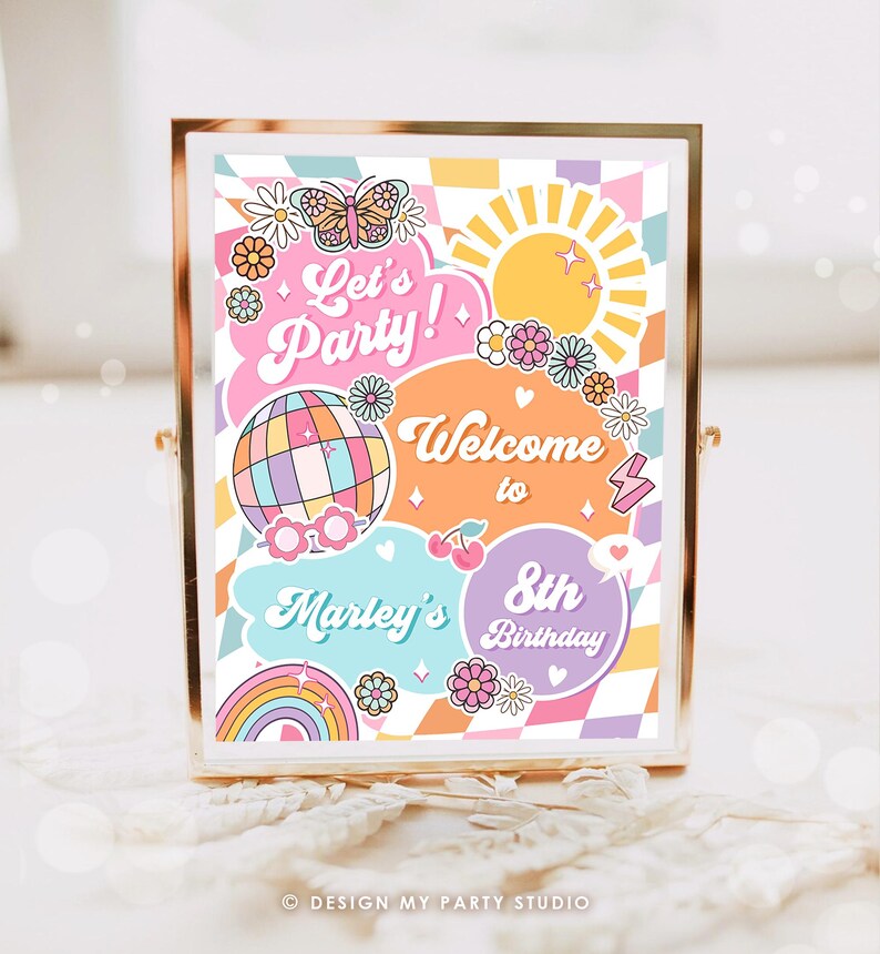 Editable Groovy Birthday Welcome Sign Rainbow Sunshine Girl Pink Peace ...
