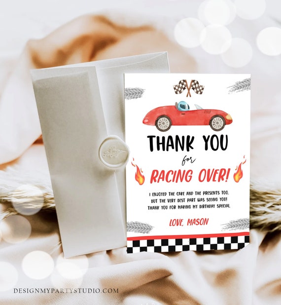 Editable Race Car Thank You Card Two Fast Birthday Boy Red Racing Car Thank You Card Birthday ...