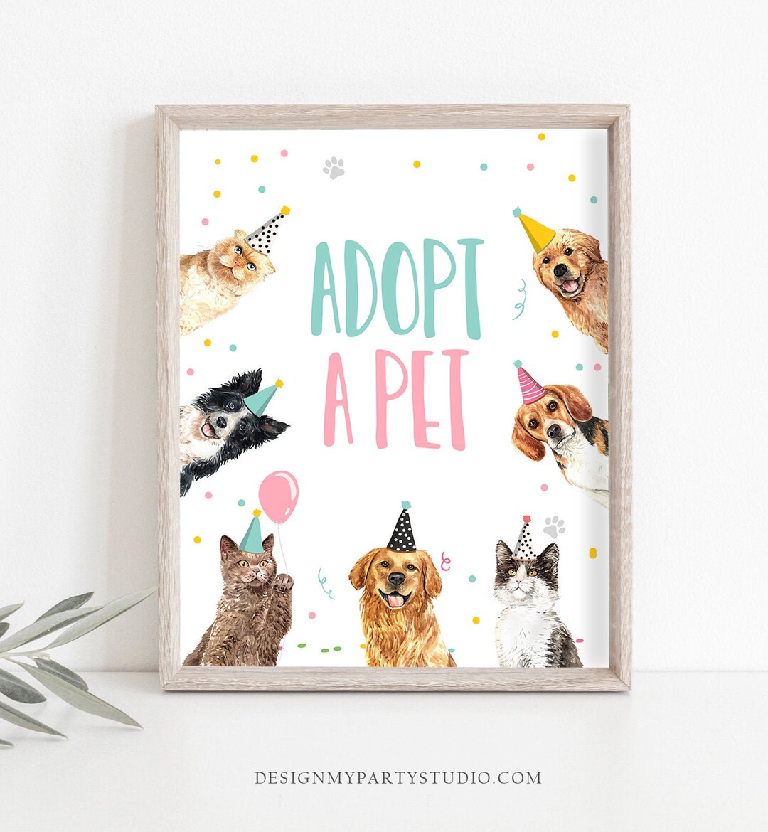 Adopt a Pet Birthday Sign Table Decor Cats and Dogs Party Kitten Puppy ...