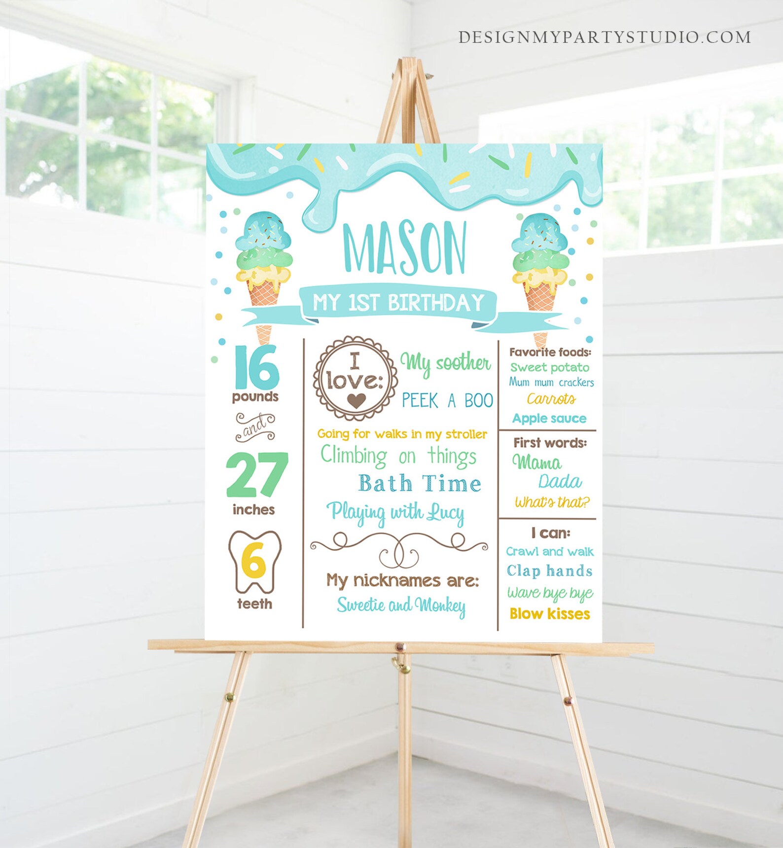 Editable Ice Cream Birthday Milestones Sign Boy First Birthday Sign 1st ...