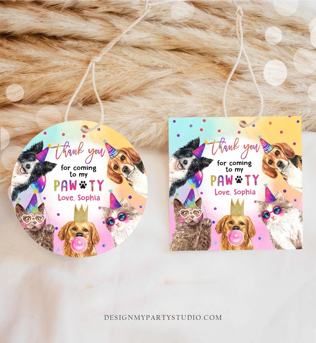 Editable Cats and Dogs Birthday Favor Tags Puppy Birthday Thank You Tag ...