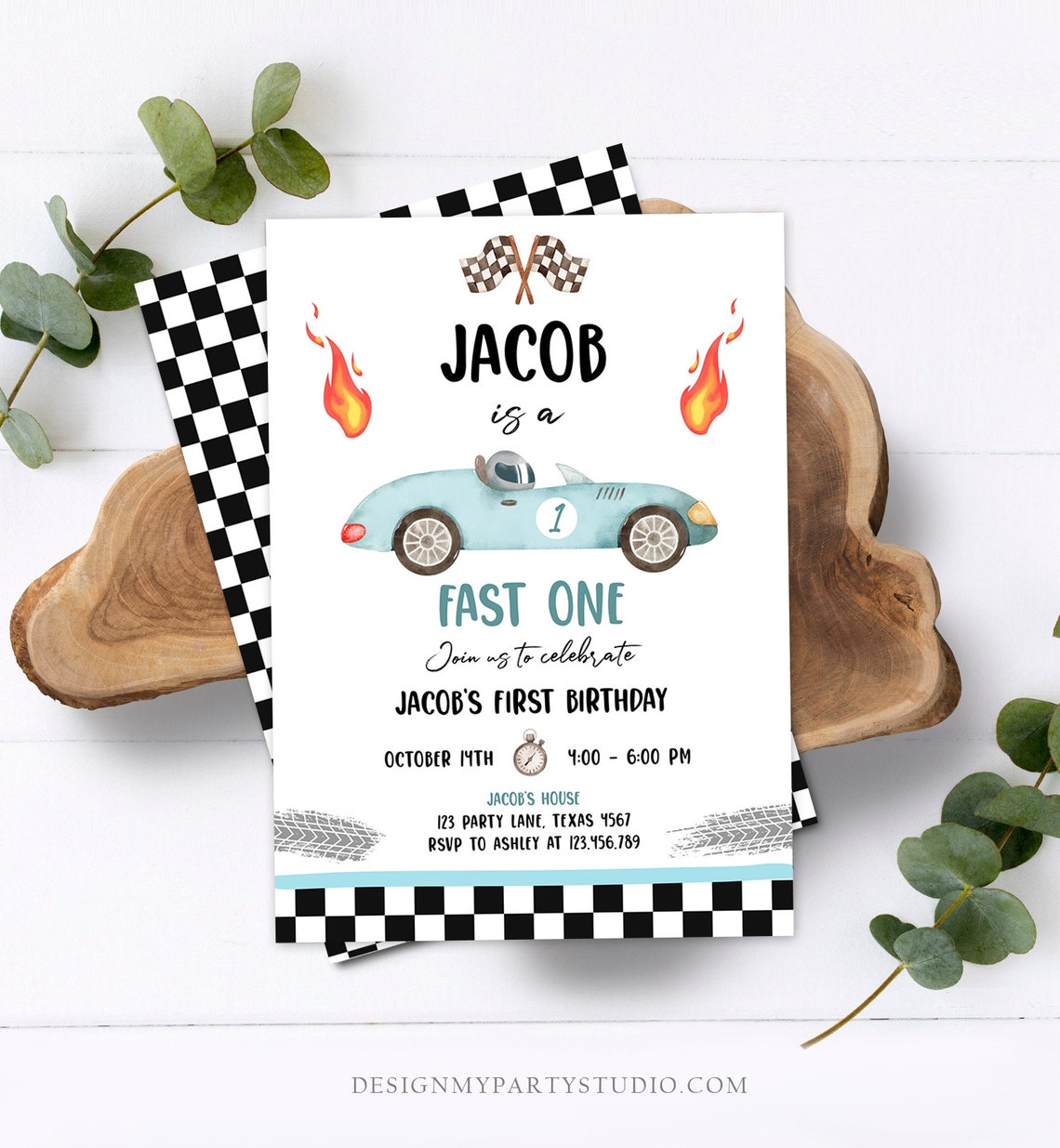Editable Race Car 1st Birthday Invitation Fast One Invite - Etsy