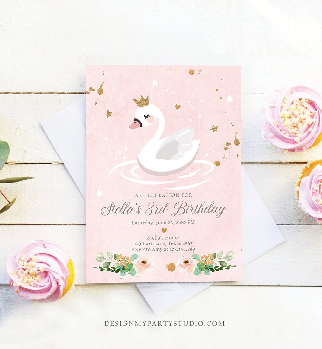 Editable Swan Birthday Invitation Girl Swan Princess Birthday Invite ...