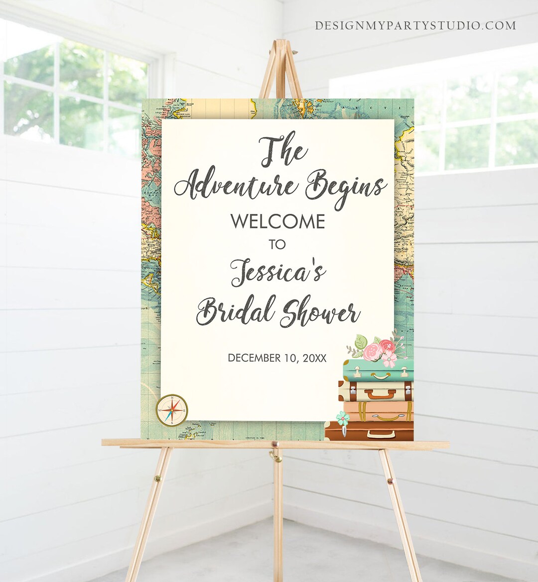 Editable Adventure Begins Welcome Sign Bridal Shower Travel Adventure ...