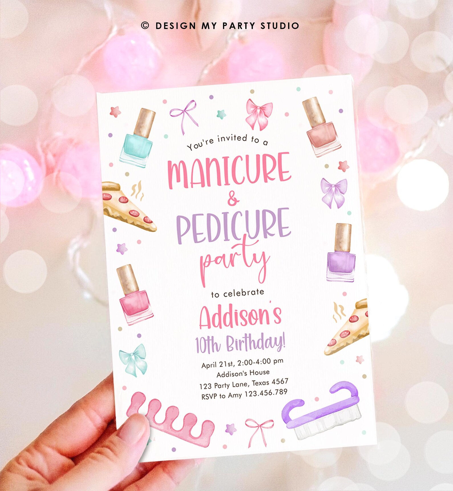 Editable Manicure and Pedicure Birthday Invitation Bow Girl Mani-pedi ...