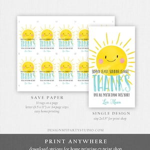 Editable Teacher Appreciation Gift Tags Sunshine Thank You Tag Schools ...