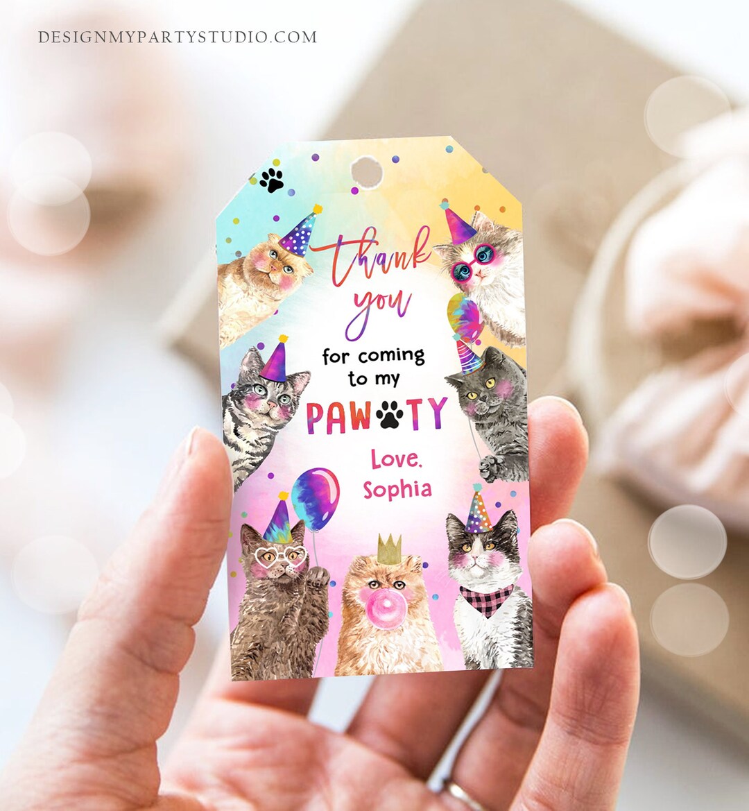 Editable Kitten Favor Tags Cat Birthday Thank You Tag Girl Kitten ...