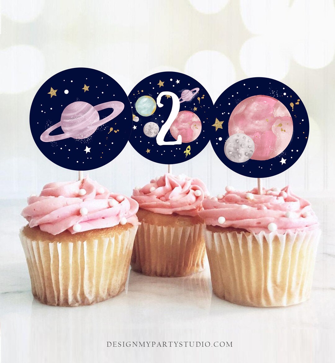Outer Space Birthday Cupcake Toppers Two the Moon Birthday Favor Tags ...