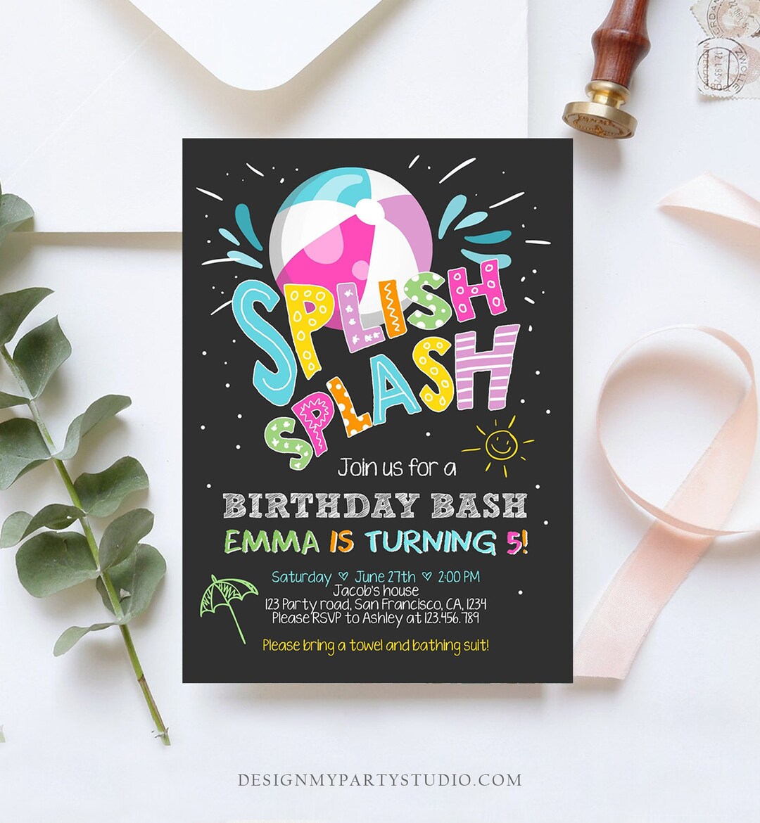 Editable Splish Splash Birthday Invitation Pool Party Beach - Etsy