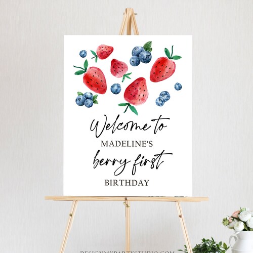 Editable Strawberry Blueberry Backdrop Banner Berry First - Etsy