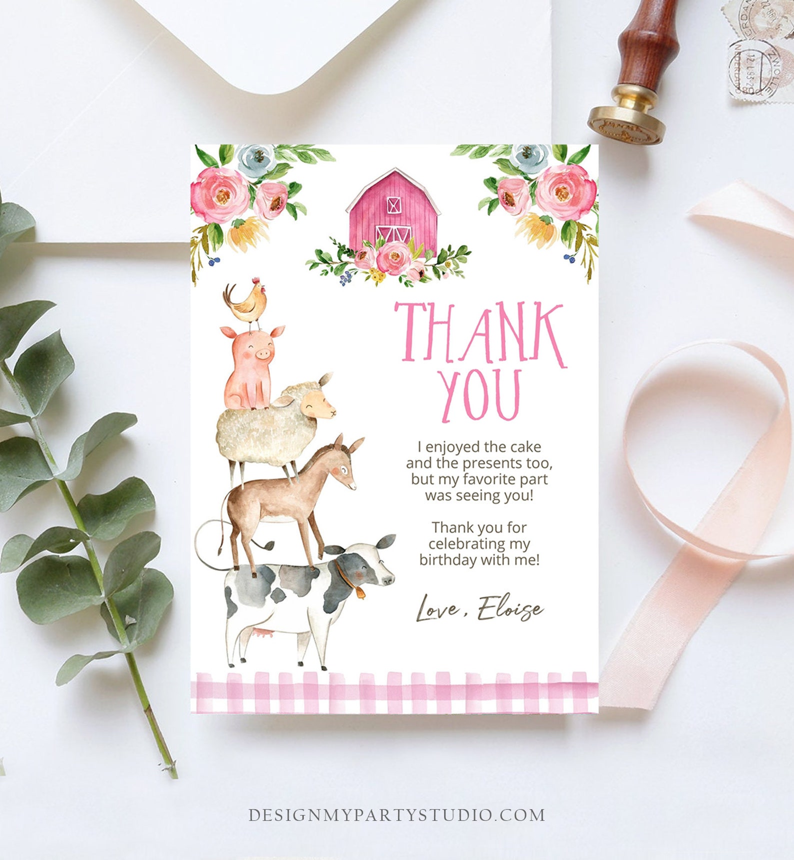 Editable Farm Animals Thank You Card Pink Farm Birthday Girl - Etsy