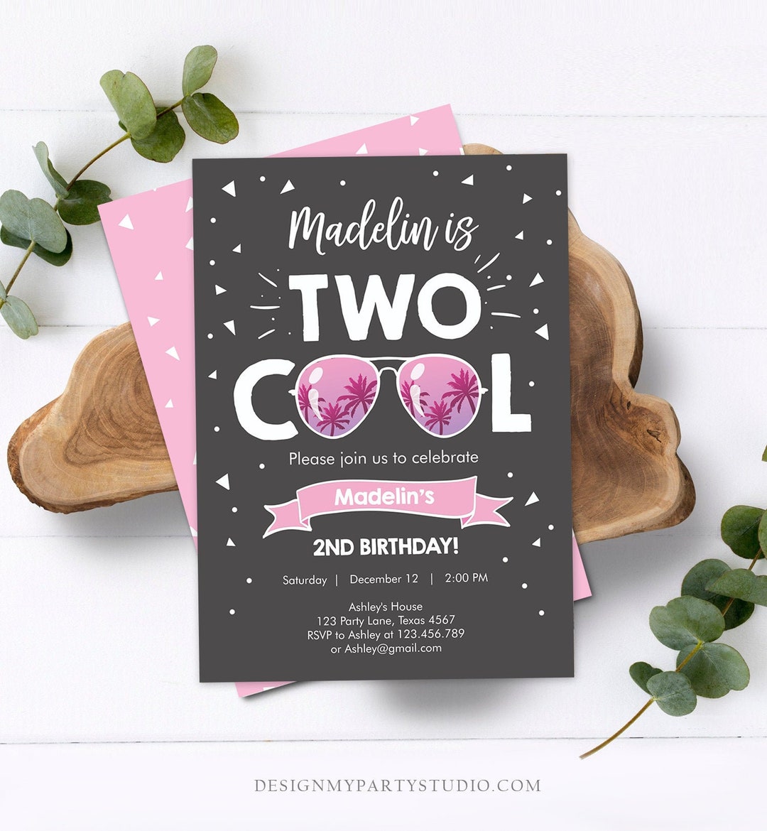 Editable Two Cool Birthday Invitation Girl Second Birthday Party 2nd I ...