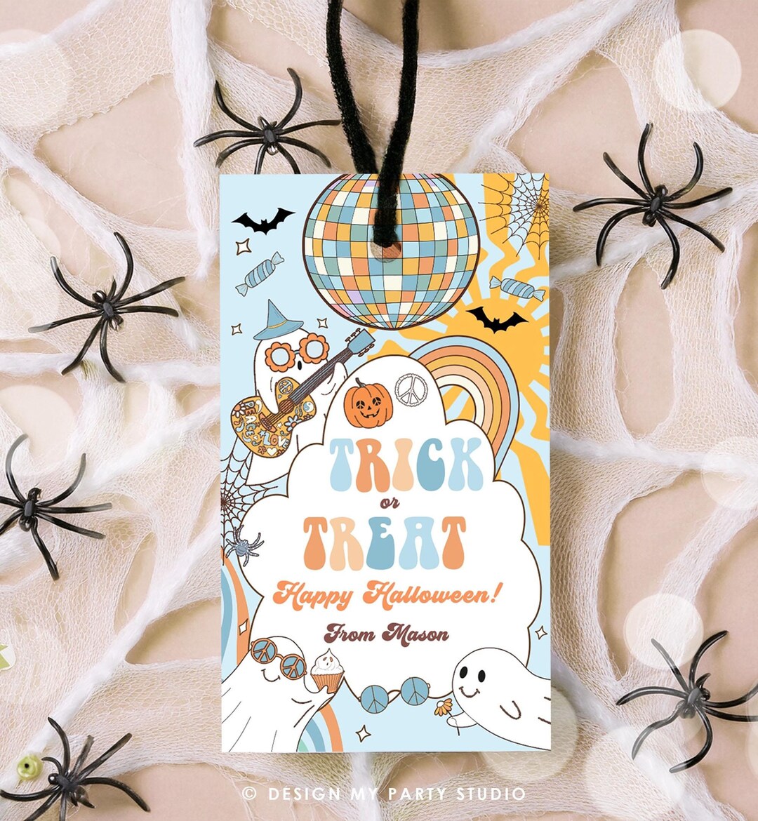 Editable Trick or Treat Halloween Retro Groovy Ghost Gift Tag Spooky ...