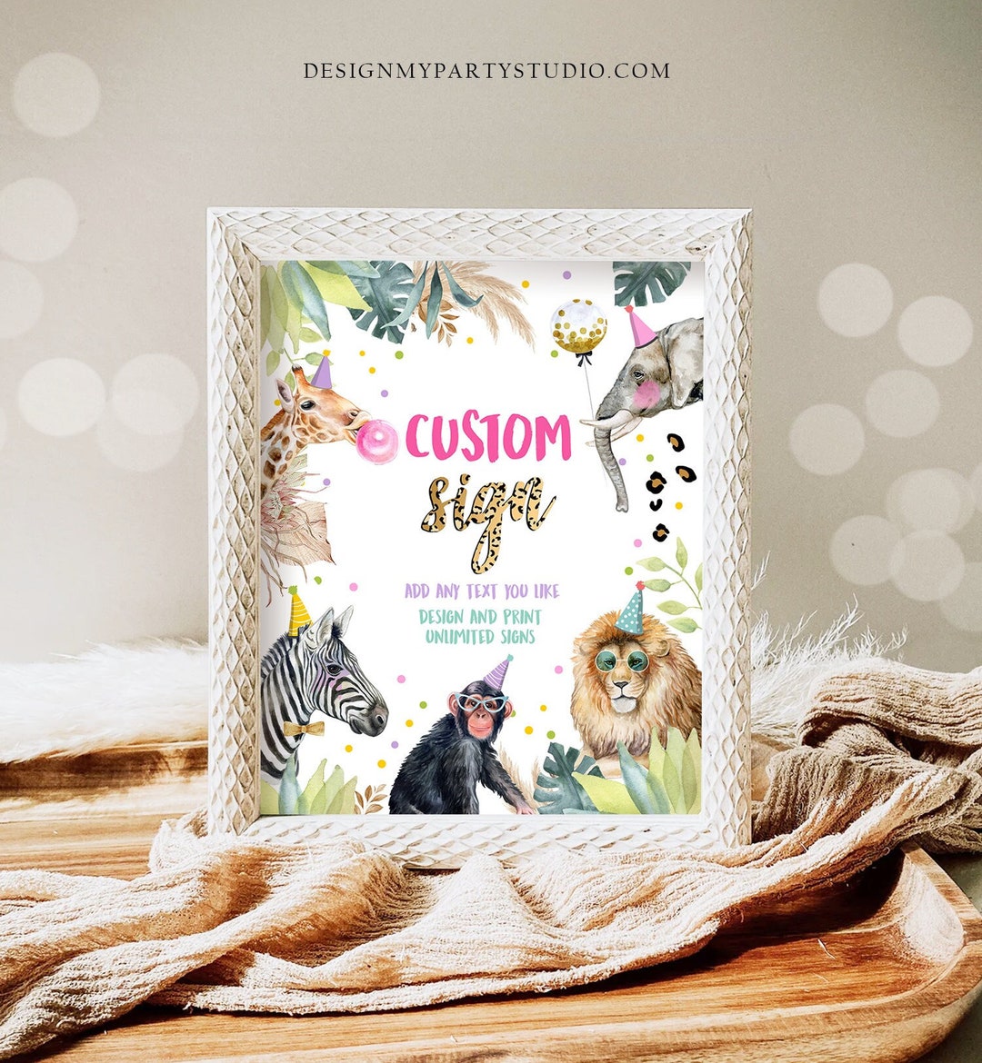 Editable Custom Sign Party Animals Sign Wild One Animals Decor Zoo ...
