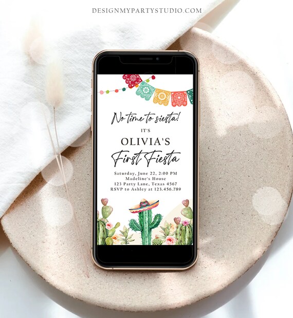 Editable Fiesta Evite First Fiesta Birthday Invitation Phone Mexican ...
