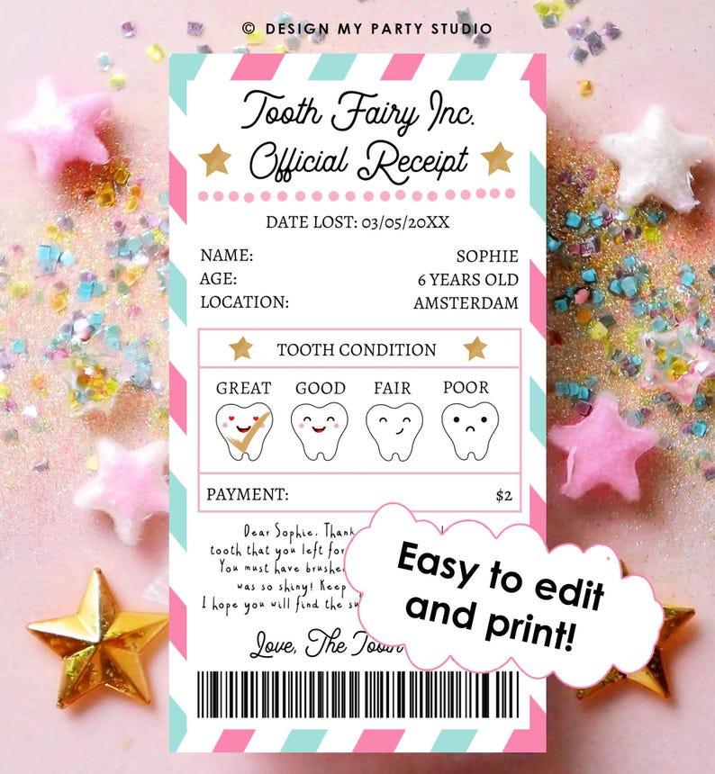 Editable Tooth Fairy Receipt First Lost Tooth Certificate Official ...