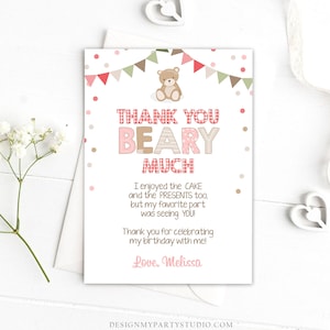 Editable Teddy Bear Thank You Card Birthday Picnic Beary Much Girl Pink ...