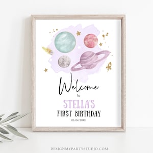 Editable Outer Space Birthday Welcome Sign 1st Birthday Girl Purple ...